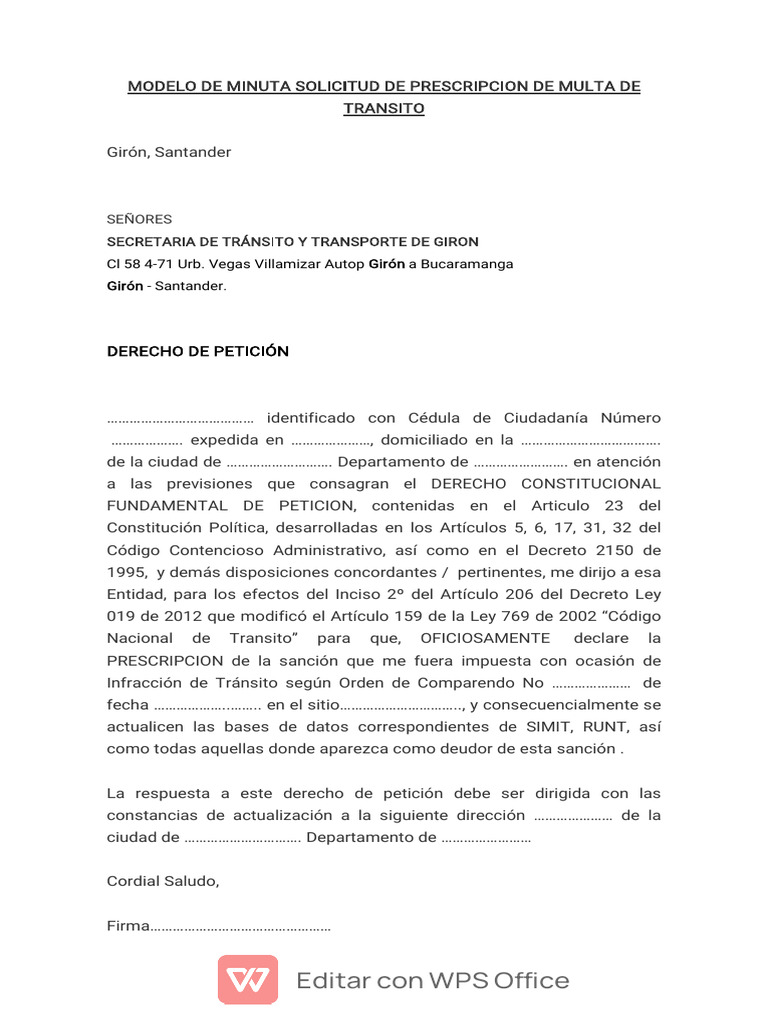 Modelo de Prescripcion de Multa de Transito | PDF | Finanzas y dinero