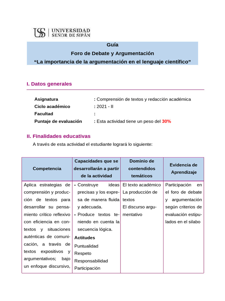 Guía - Foro de Debate y Argumentación - 2021 II | PDF | Evaluación | Conocimiento