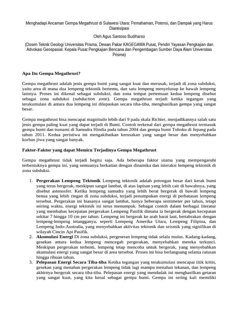 Menghadapi Ancaman Gempa Megathrust Di Sulawesi Utara | PDF