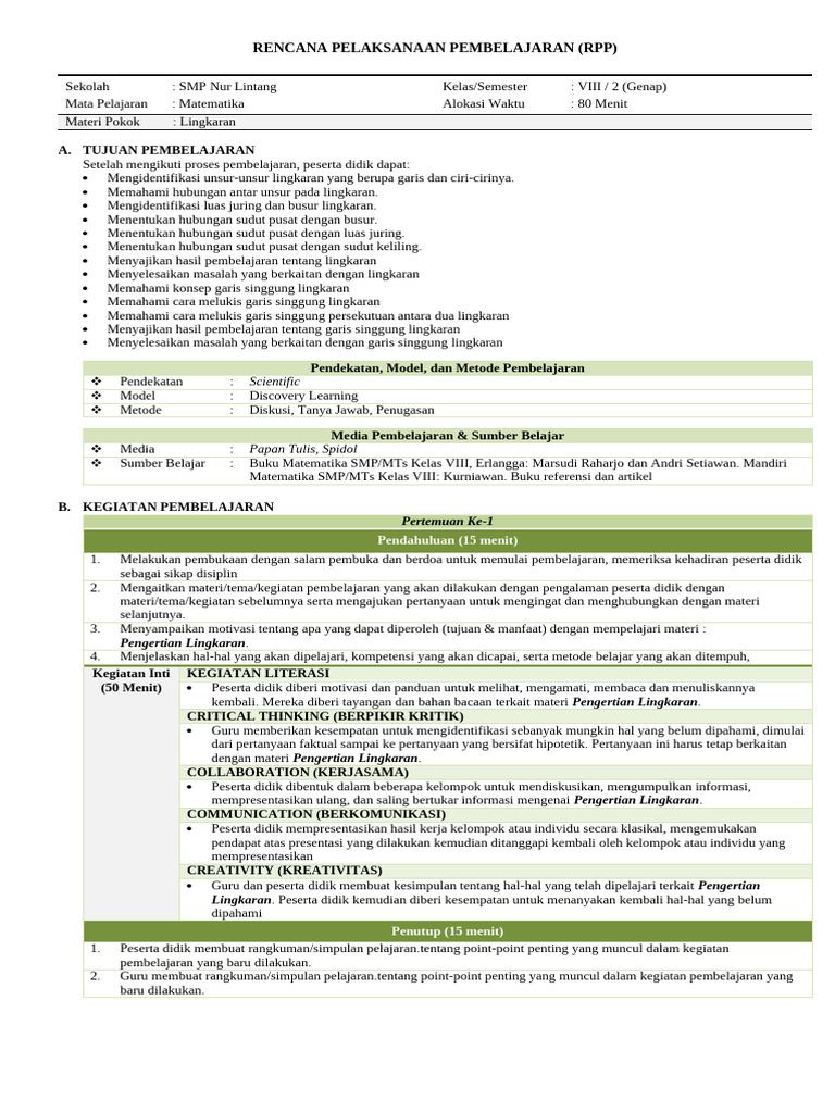 RPP II MTK Kelas VIII SEM 2 | PDF