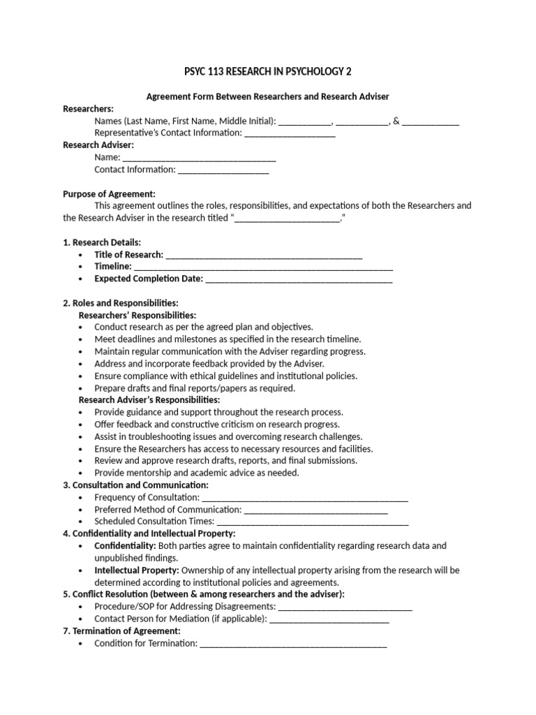 Agreement Form Between Researchers and Research Adviser | PDF