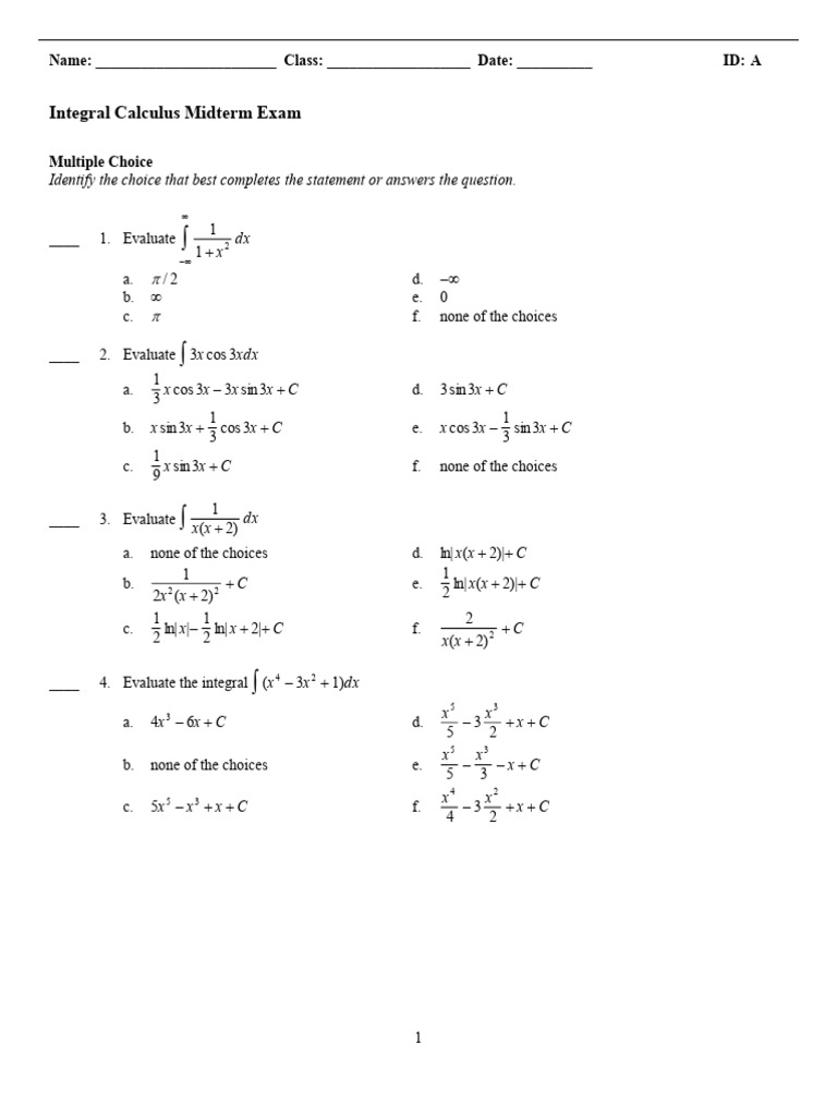 Integral Calculus Midterm Exam Pdf Pdf Mathematical Relations