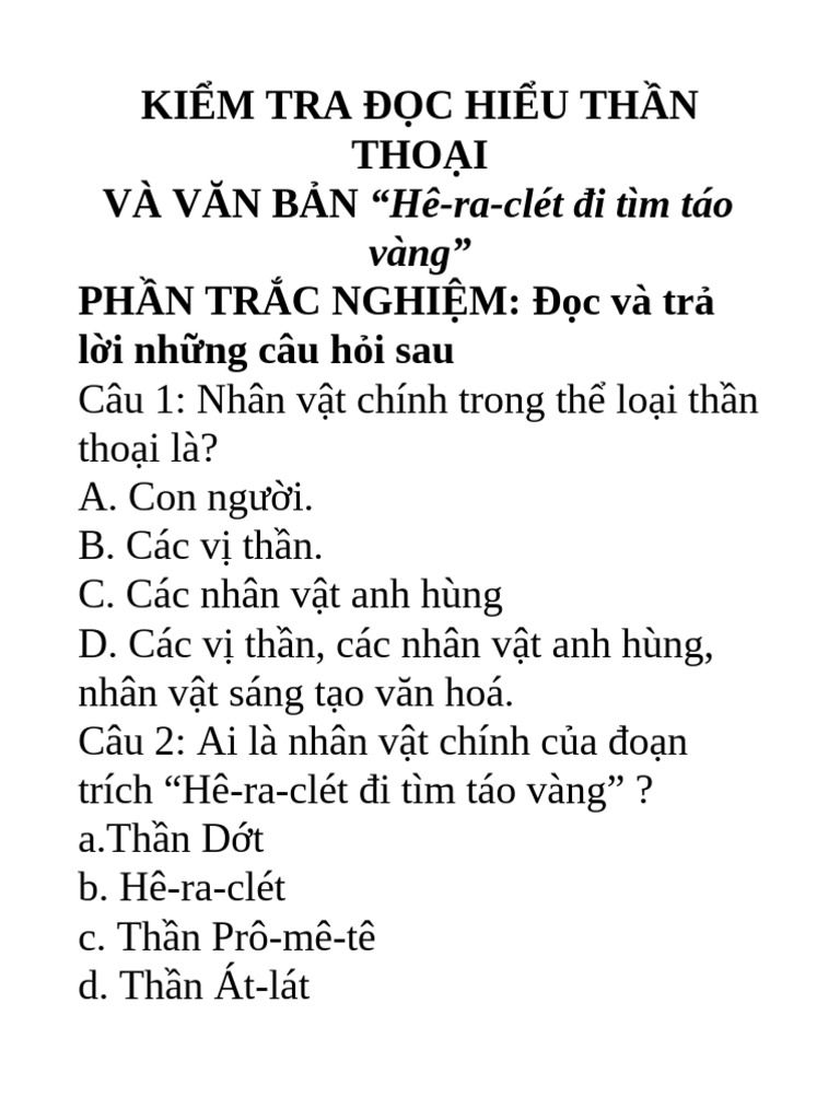 ĐỀ VỀ THẦN THOẠI HÊ RA CLET | PDF