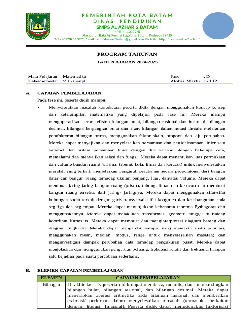 Program Tahunan MTK Kls 7 | PDF
