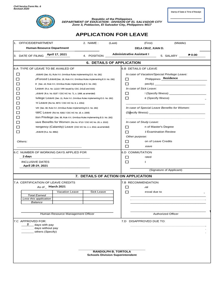 CS Form No. 6 Revised 2020 Application For Leave Fillable Updated - RBT ...