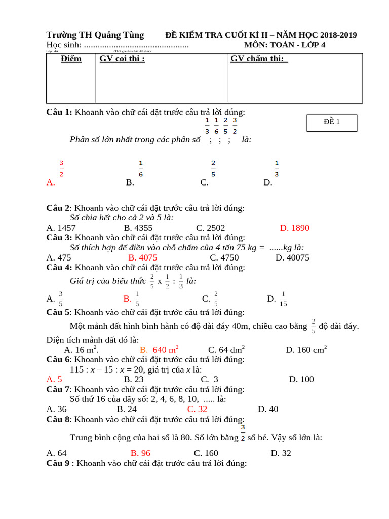 De Kiem Tra Toan Cuoi Ki 2 Lop 4 | PDF