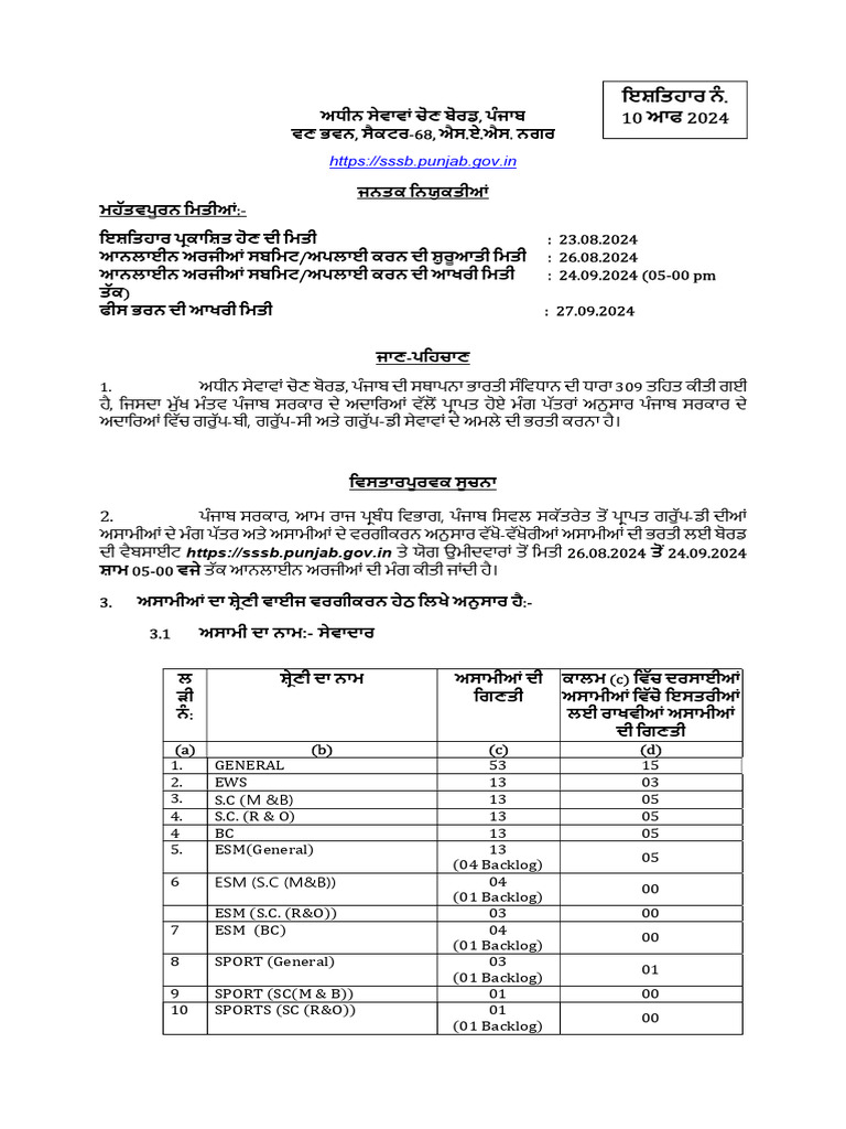 PSSSB Sewadar Chowkidar Notification PDF 2024 | PDF