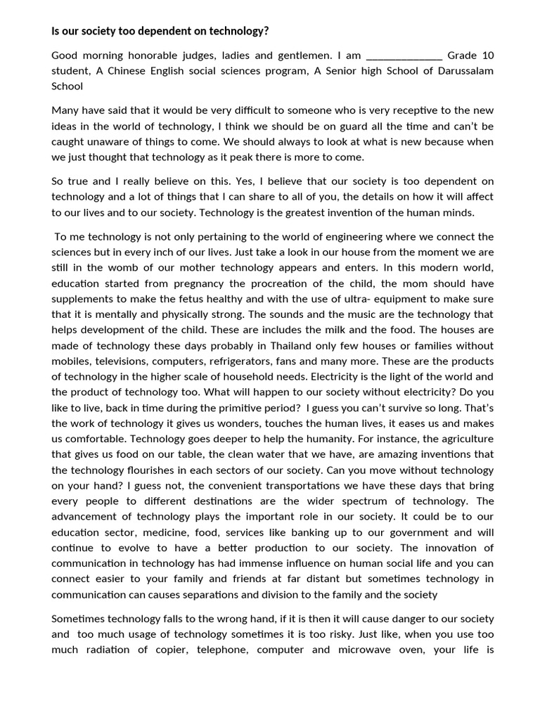 Is Our Society Too Dependent On Technology | PDF