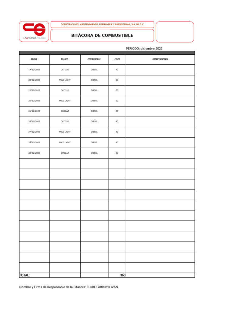 Bitacora de Combustible - Subcontrata - Mesdic | PDF