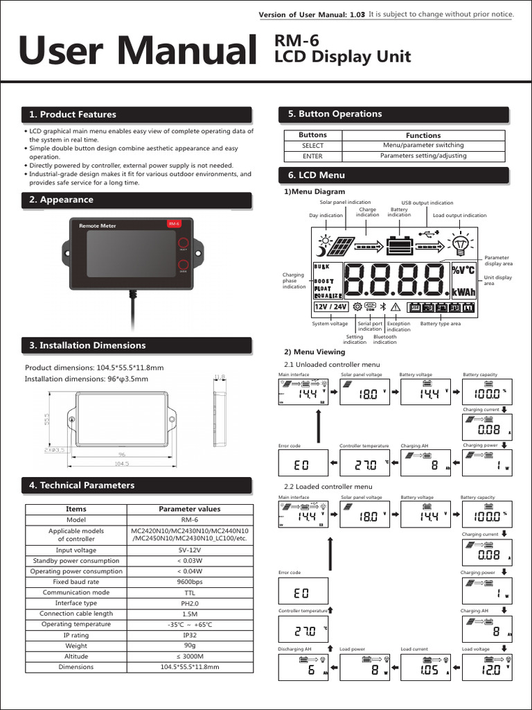 RM-6 - User Manual - V1.03 | PDF | Menu (Computing) | Solar Panel