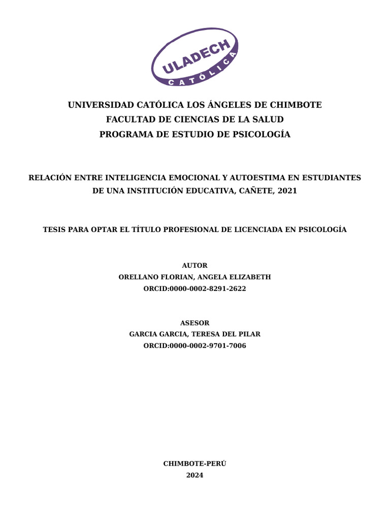 Inteligencia Emocional Autoestima Orellano Florian Angela Elizabeth | PDF