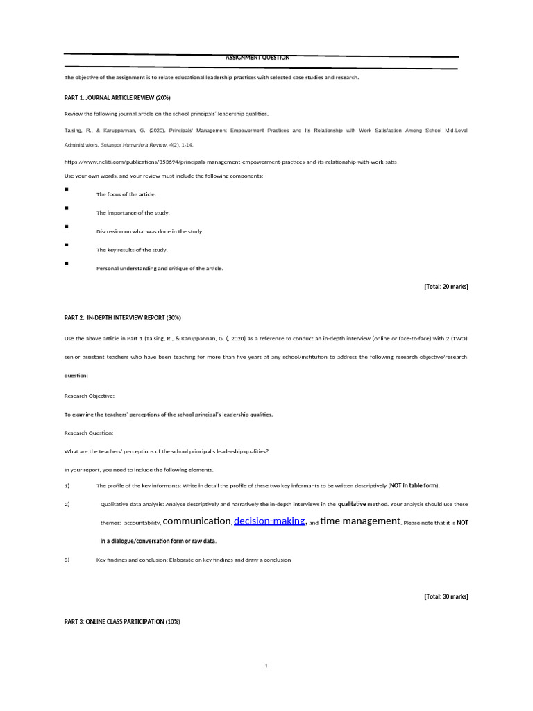 Contoh Soalan Assignment Educational Leadership | PDF