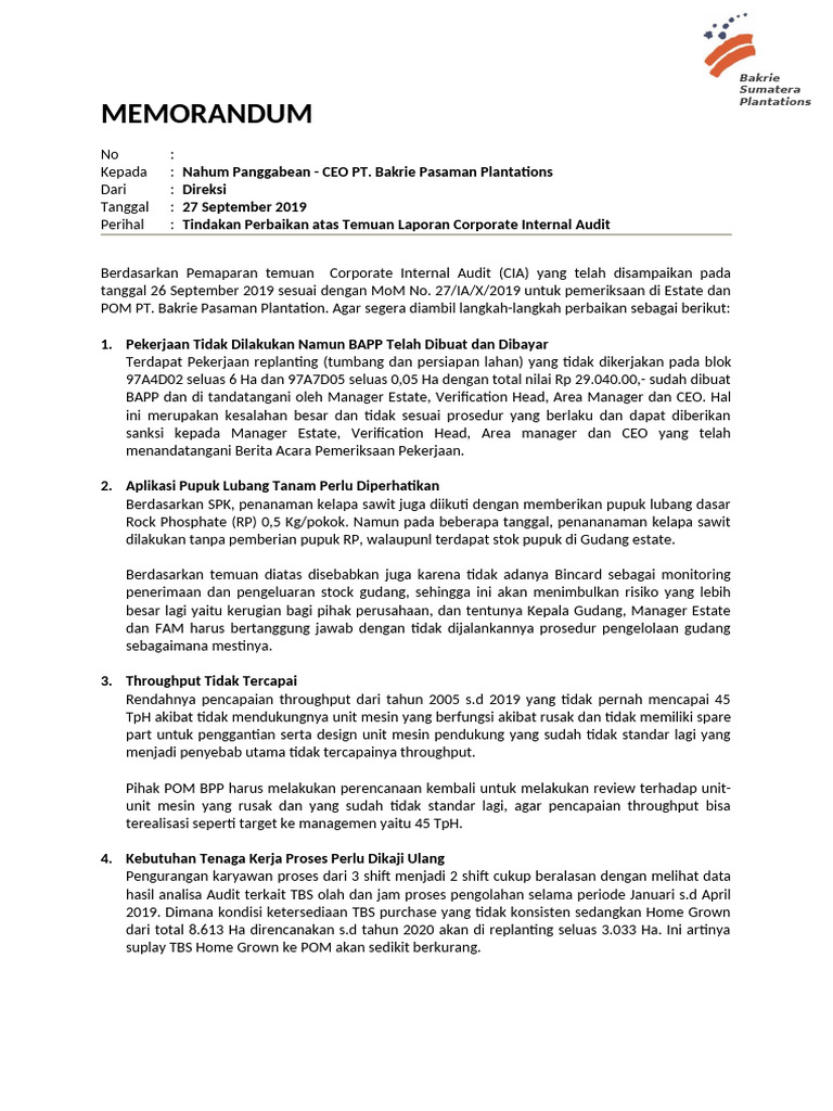 Internal Memo - Direksi Tindakan Perbaikan BPP - Draft | PDF