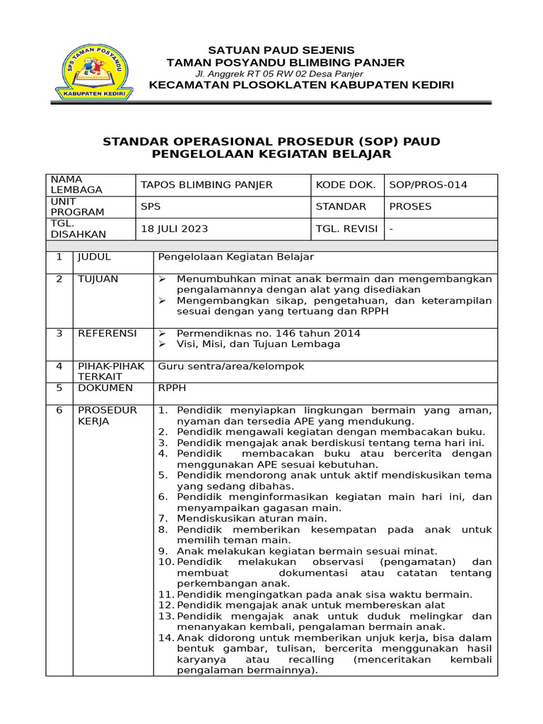 Standar 6.3 SOP - PAUD - PENGELOLAAN - KEGIATAN - BELAJAR | PDF