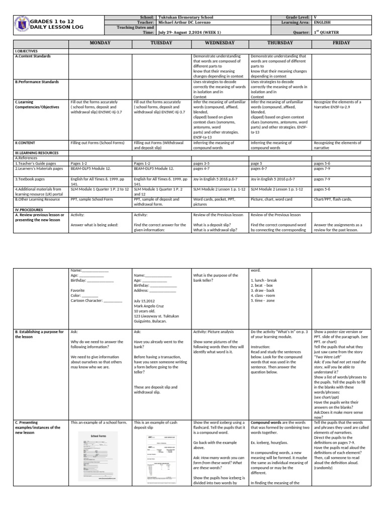 DLL - English 5 - Q1 - W1 | PDF