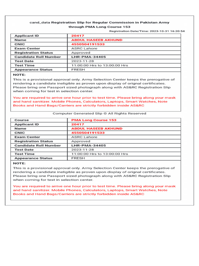 Registation Slip | PDF