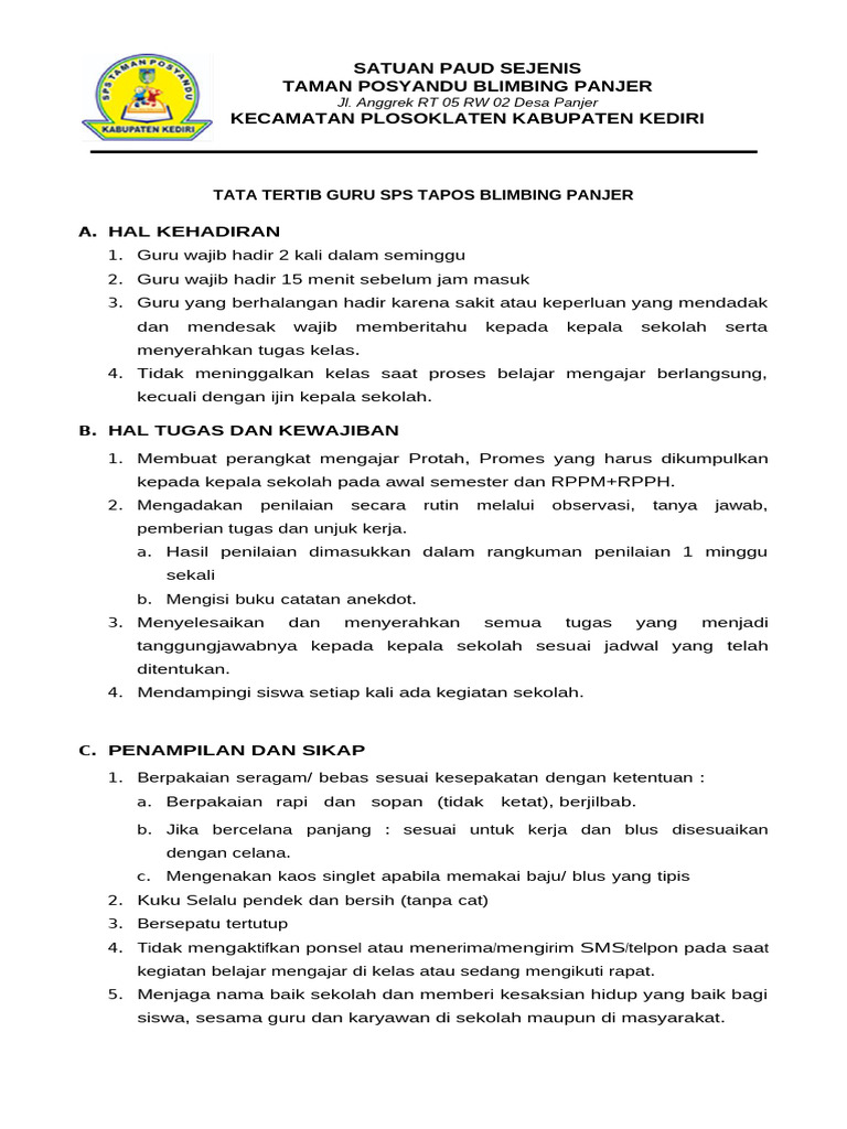 Standar 6.2 SOP TATA TERTIB PTK TAPOS BLIMBING | PDF