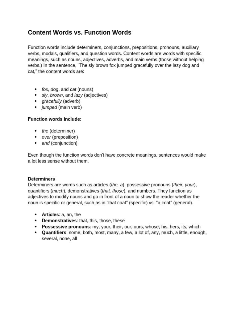 Content Words vs. Function Words S II 2021 | PDF | Verb | Noun