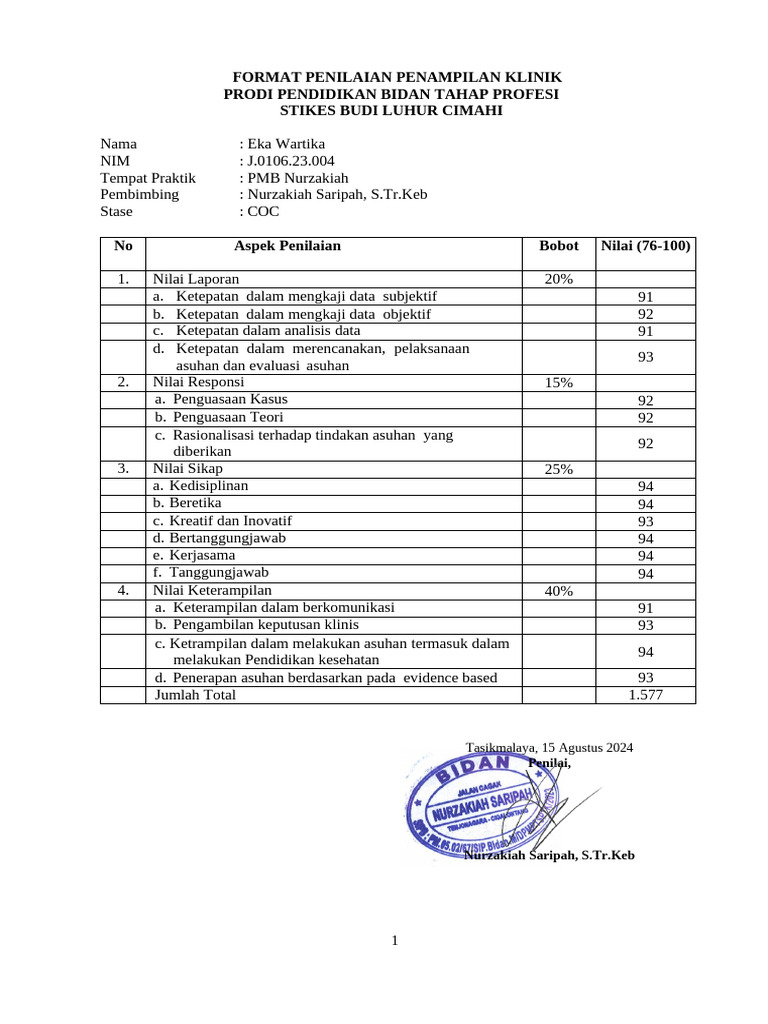 Format Nilai Stase Coc | PDF