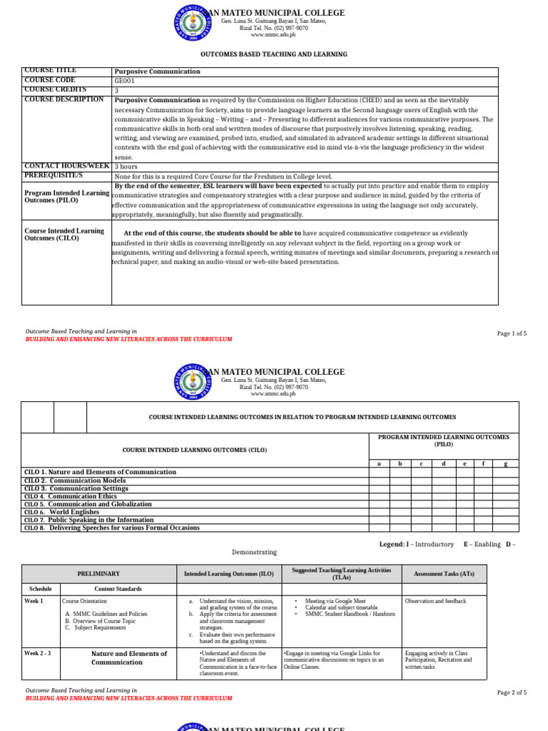 Course Syllabus For Purposive Communication August 2024 | PDF