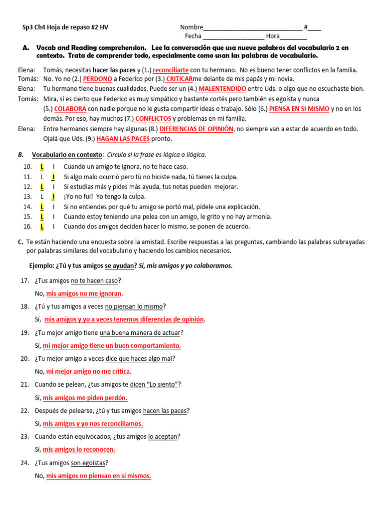 Sp3 Ch4 Hoja de Repaso #2 HV ANSWERS | PDF
