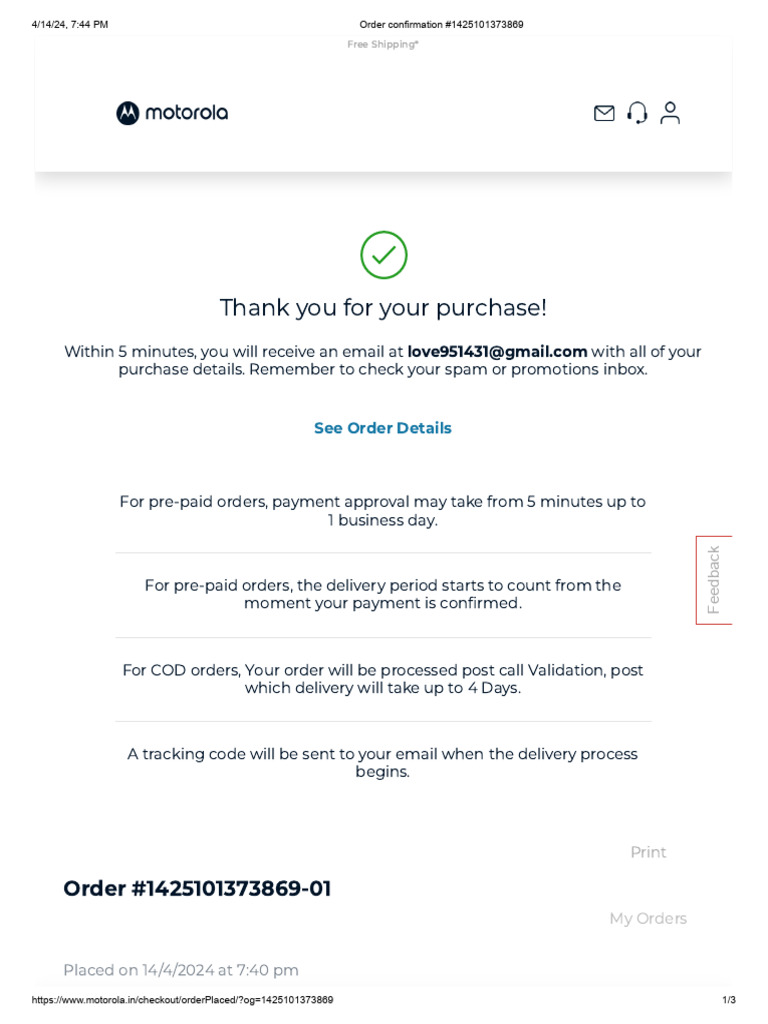 Motorola Order Confirmation #1425101373869 | PDF
