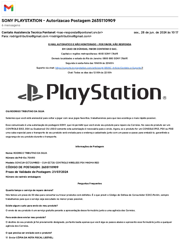 Gmail - SONY PLAYSTATION - Autorizacao Postagem 2635110909 | PDF