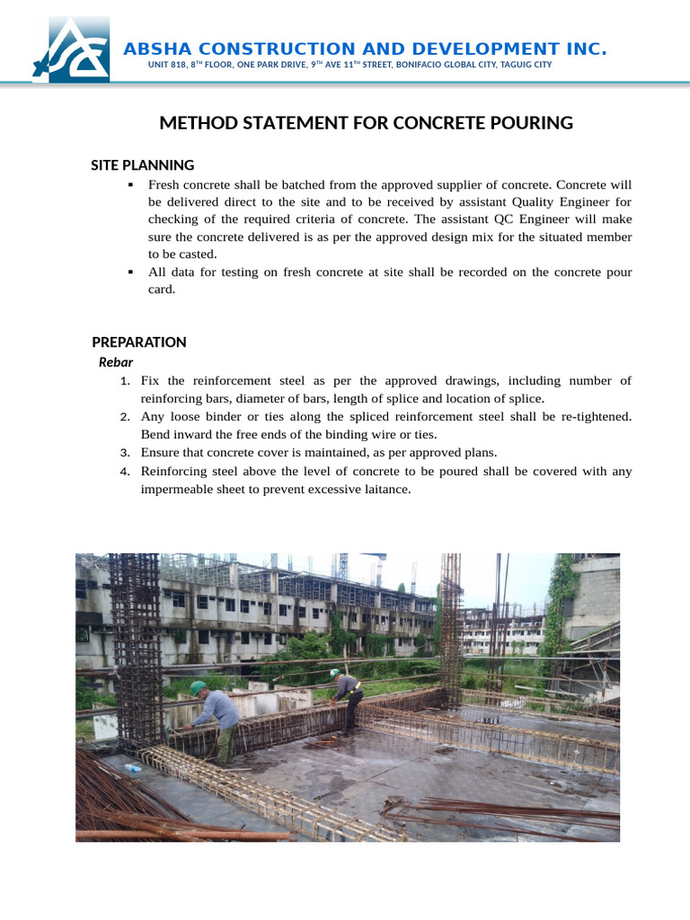 Method Statement For Concrete Pouring | PDF