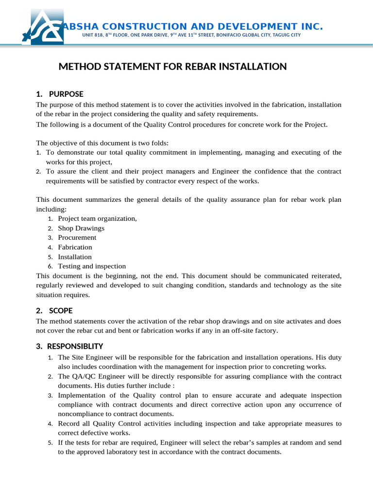 METHOD STATEMENT FOR REBAR INSTALLATION | PDF