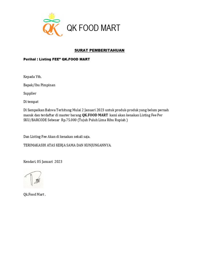 SURAT PEMBERITAHUAN Listing Fee QK Food Mart | PDF