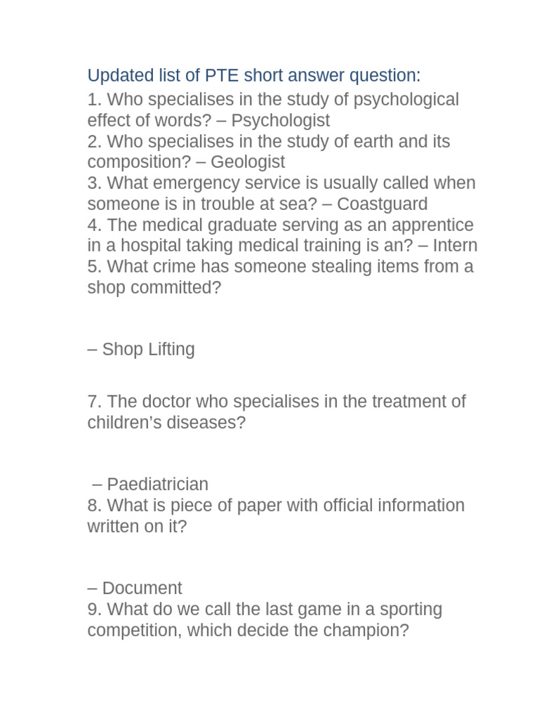 Updated List of PTE Short Answer Question | PDF | Twilight | Dawn