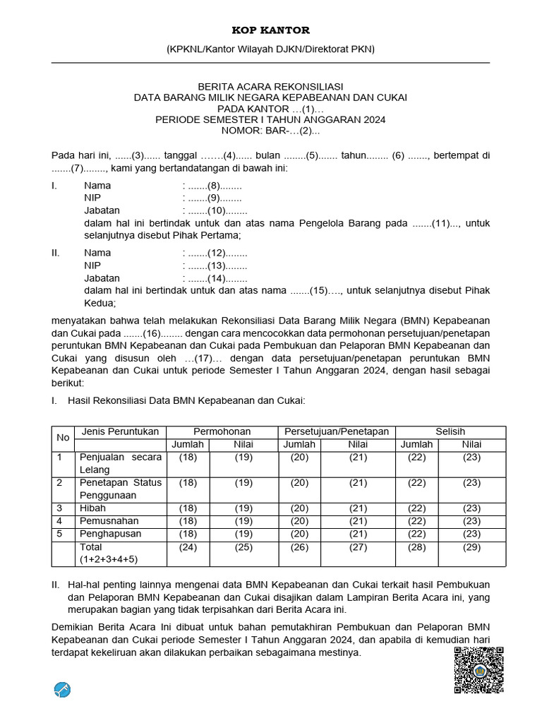 51 PMK.06 2021 Jo. ND 809 KN.2 2024 Contoh Form BA Rekonsiliasi PDF | PDF