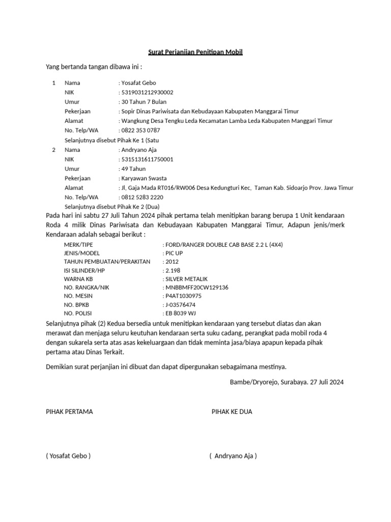 Surat Perjanjian Penitipan Mobil | PDF
