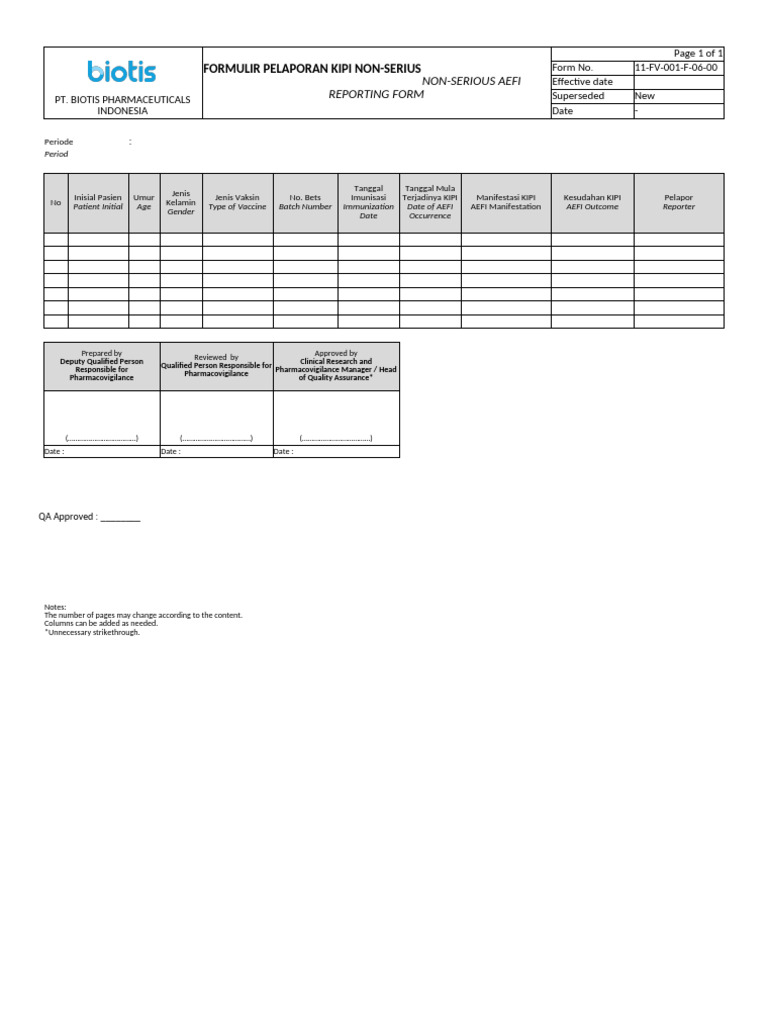 11 FV 001 F 06 00 Formulir Pelaporan KIPI Non Serius | PDF