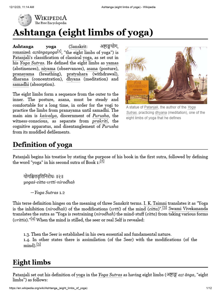 Ashtanga (Eight Limbs of Yoga) - Wikipedia | PDF
