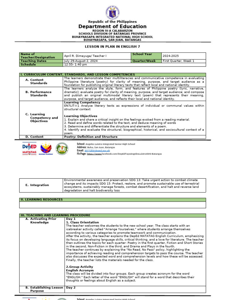 LESSON PLAN IN ENGLISH 7 Q1,W1 | PDF