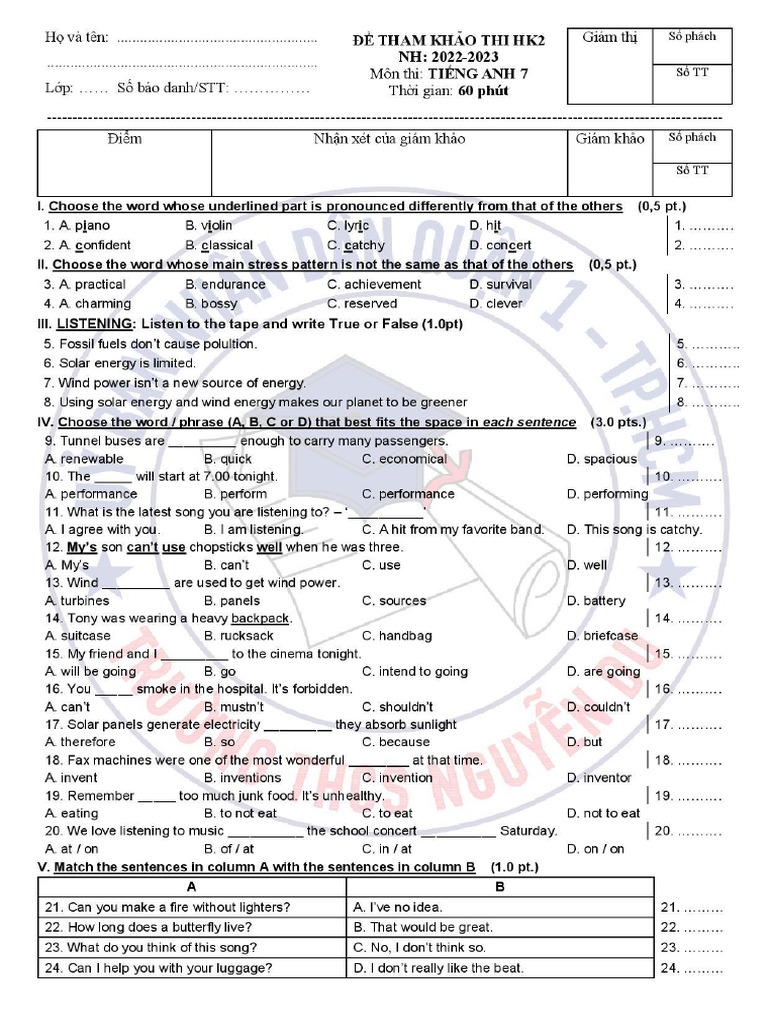 ANH 7 - ĐỀ THAM KHẢO THI CUỐI HK2 - Chính Thức - NH 22-23 | PDF
