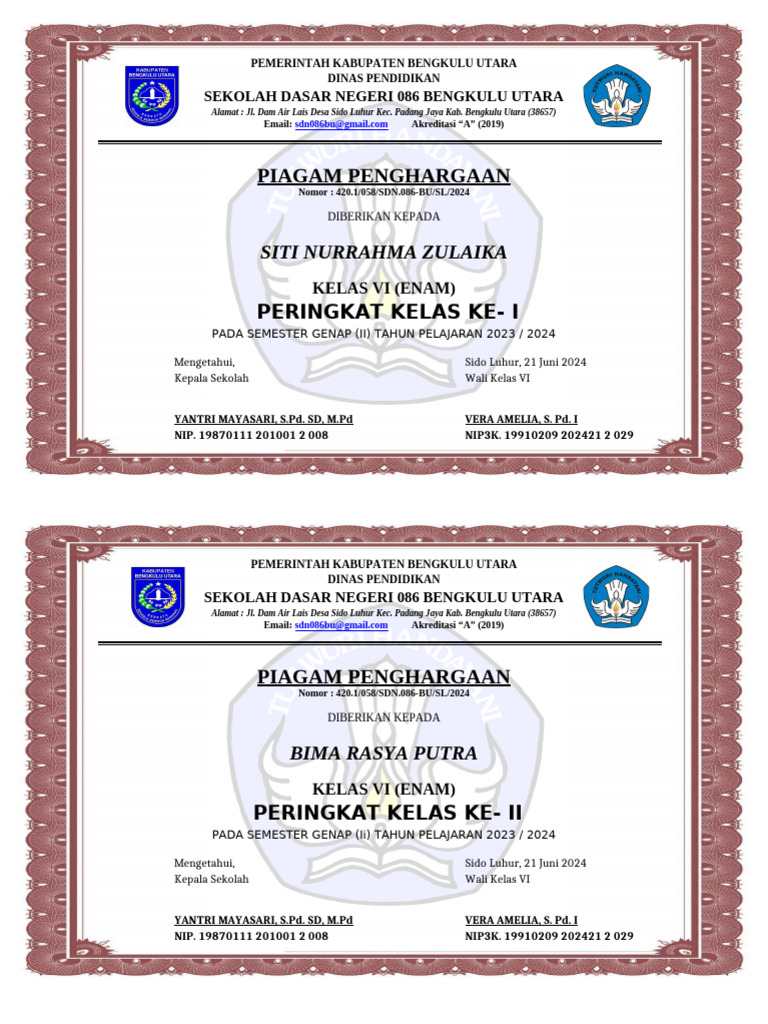 Piagam Juara Kelas 6 | PDF