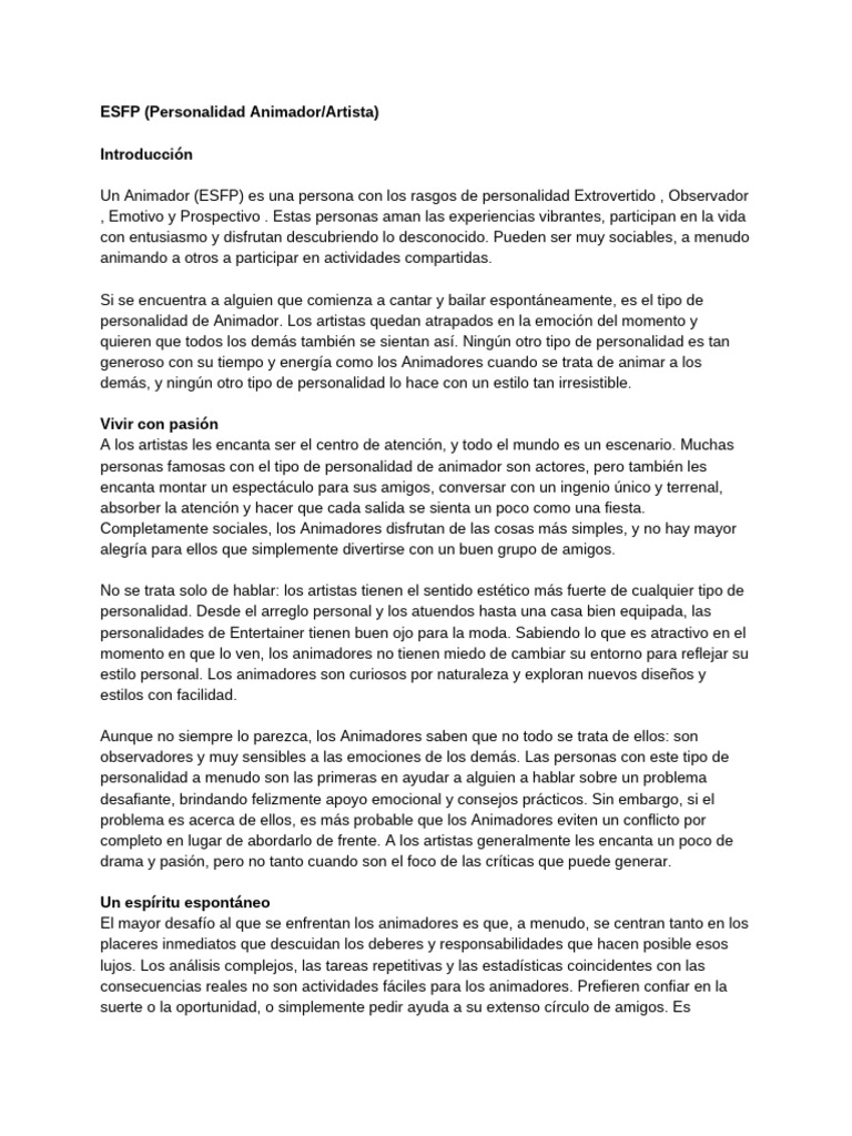 ESFP (Personalidad Animador-Artista) | PDF