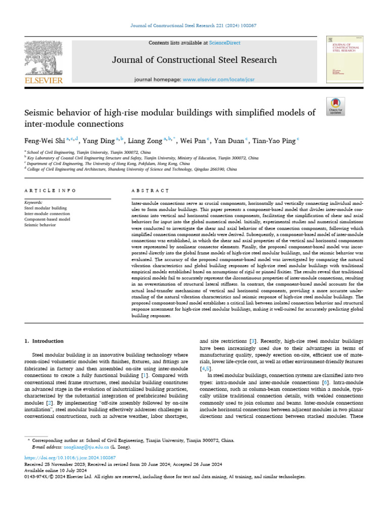 Shi-Seismic Behavior of High-Rise Modular Buildings With Simplified ...