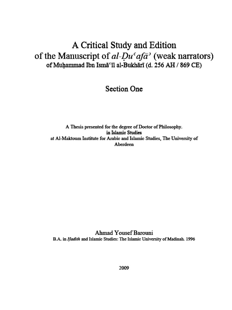 A Critical Study of The Manuscript of Du - Afa by Bukhari Section 1 ...