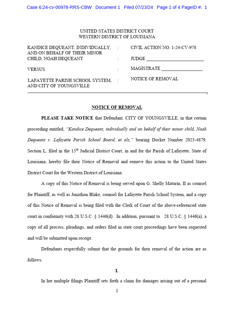 Notice of Removal: Dequeant v. Youngsville | PDF | United States ...
