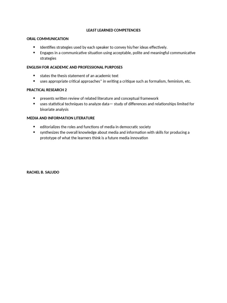 LEAST LEARNED COMPETENCIES | PDF