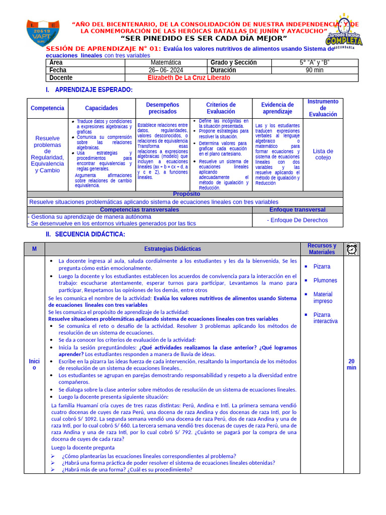 Sesión de Clase Sistema de Ecuaciones Lineales | PDF
