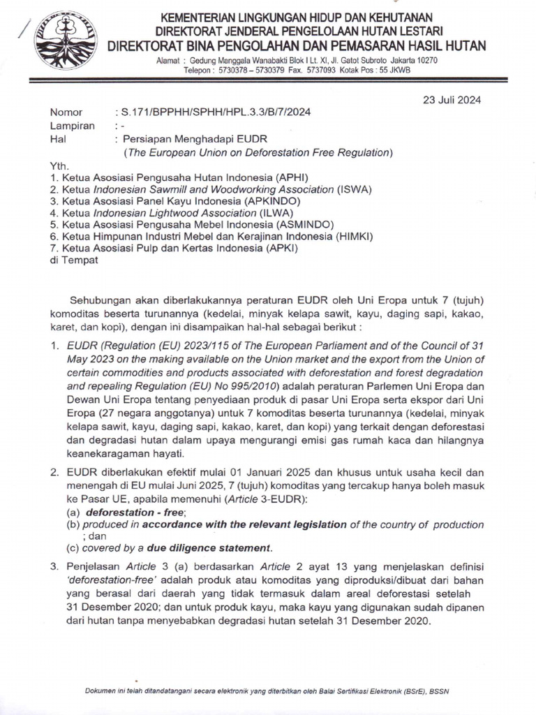 Surat LHK Persiapan Menghadapi EUDR | PDF