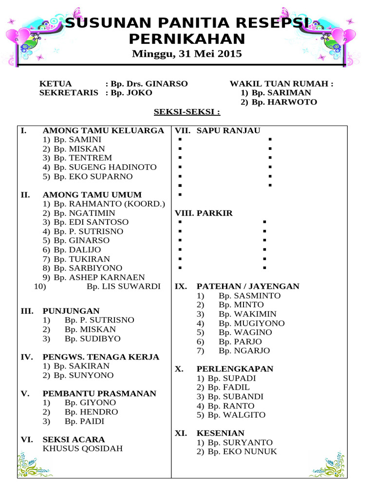 SUSUNAN PANITIA RESEPSI PERNIKAHAN | PDF SUSUNAN PANITIA RESEPSI PERNIKAHAN | PDF