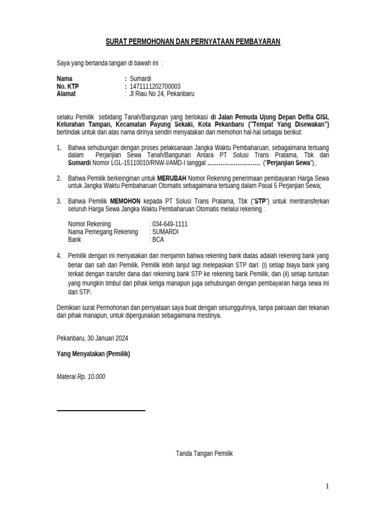 Surat No Rek - STP | PDF