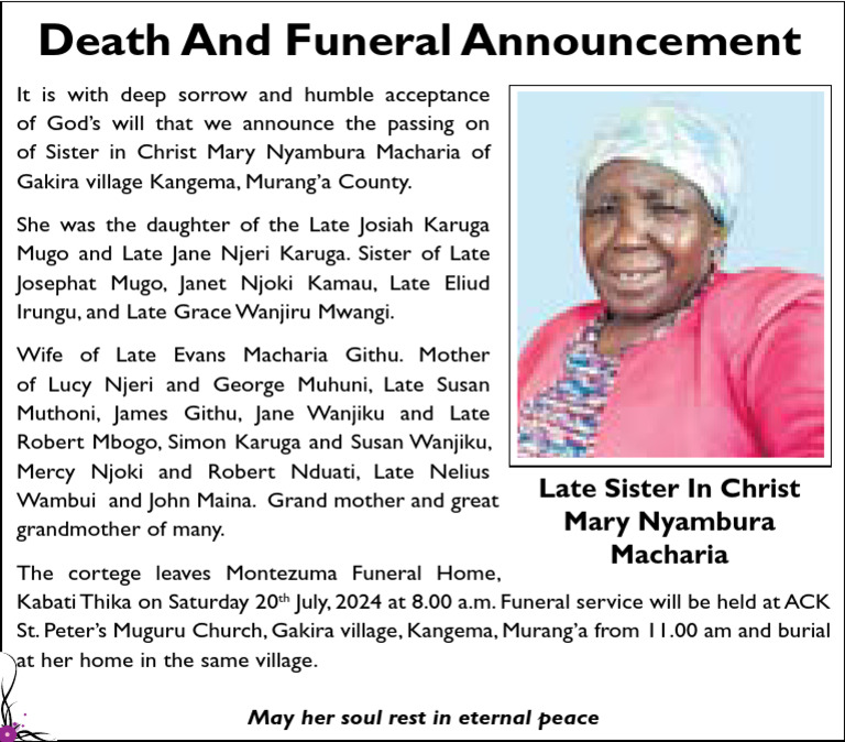 Late Sister in Christ Mary Nyambura Macharia: May Her Soul Rest in ...