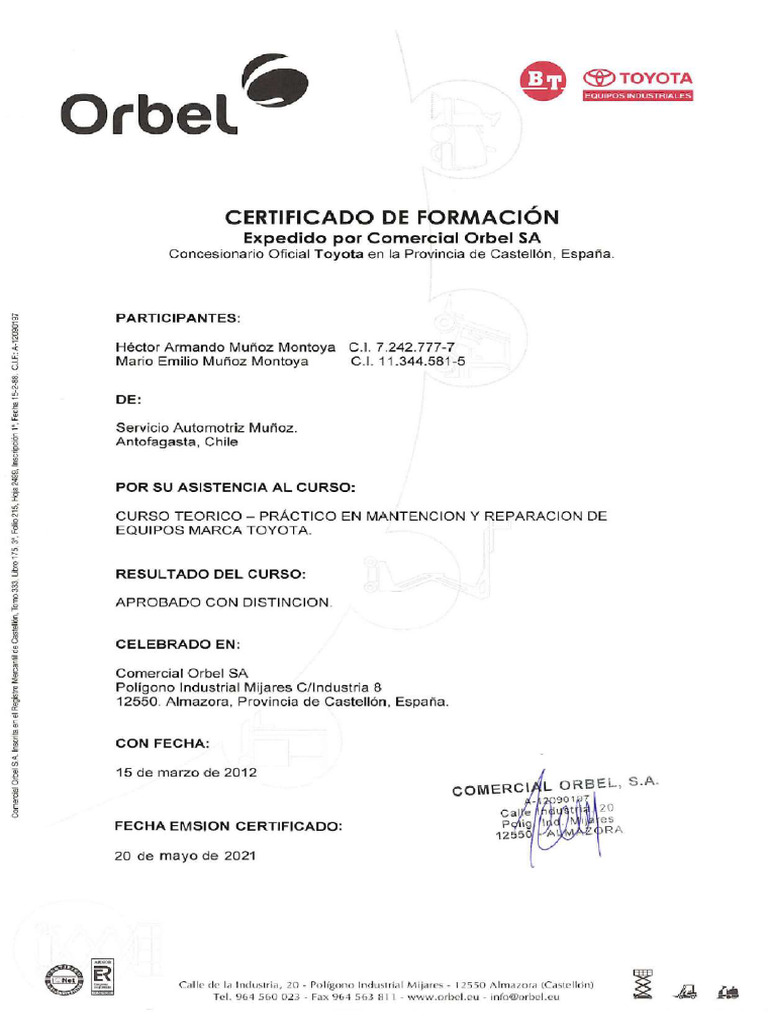 Certificado Toyota Comercial Orbel CFE | PDF