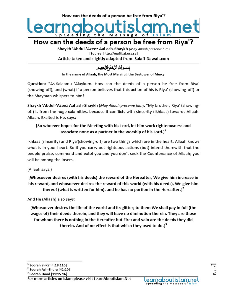 How Can The Deeds of A Person Be Free From Riya | PDF